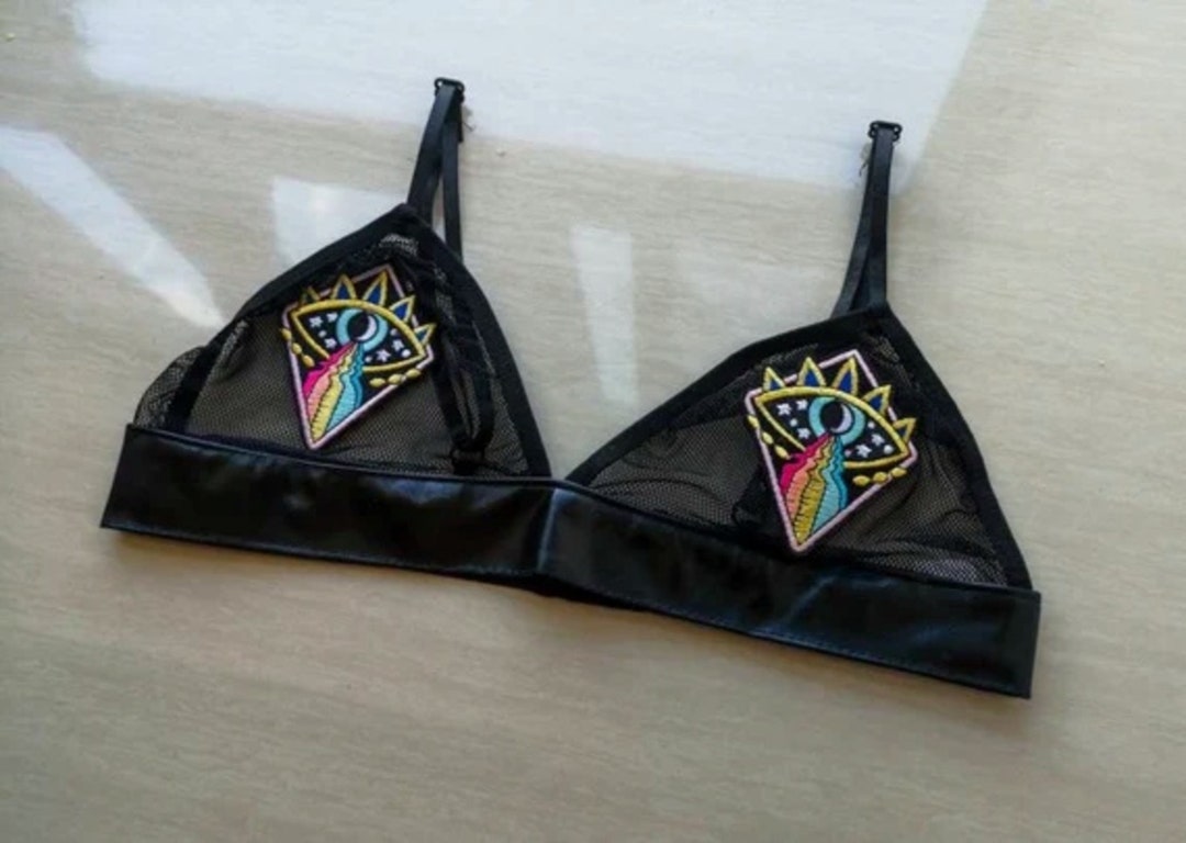 Black Bra See Through Mesh Rave Festival Bralette Rainbow Eye of ...