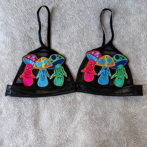 Trippy Mushroom Bra Fly Agaric Triangle Black See Through Sheer Mesh ...