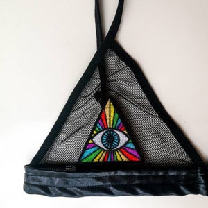 Black Triangle Bralette See Through Mesh Bra Rave Festival Top Rainbow ...