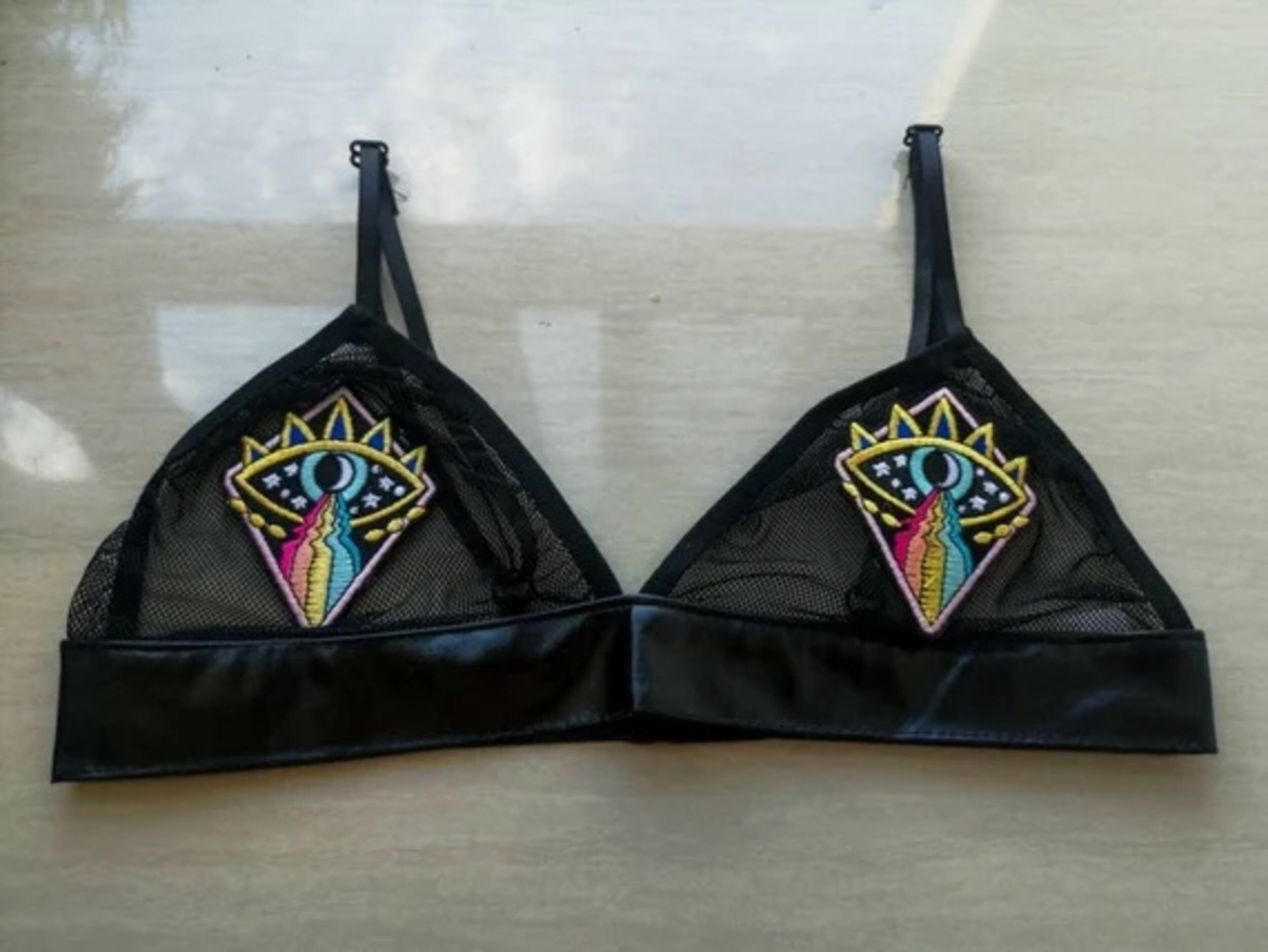 Black Bra See Through Mesh Rave Festival Bralette Rainbow Eye - Etsy