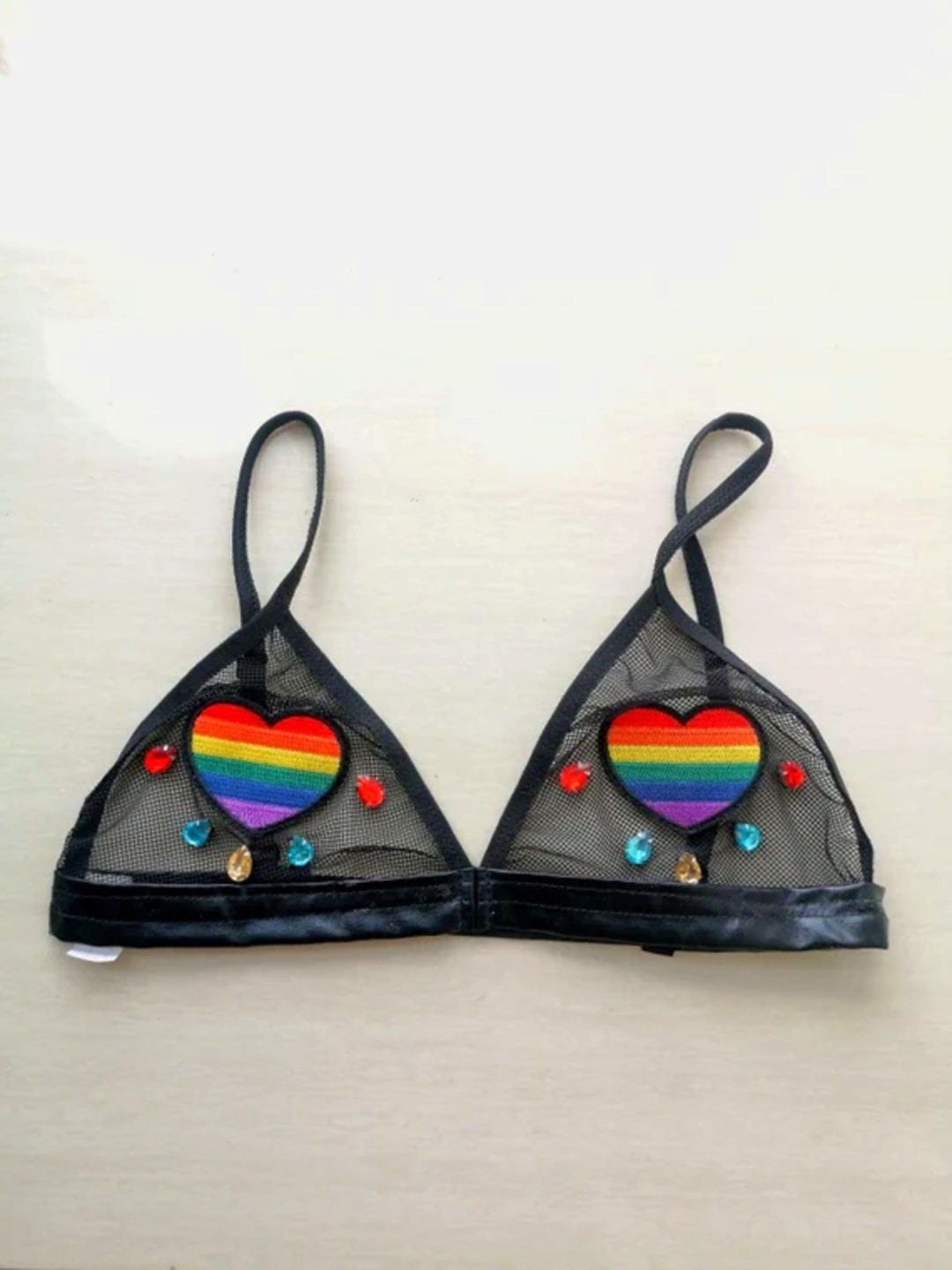 Black Triangle Bralette Rainbow Heart Embroidery Festival LGBT Gay ...