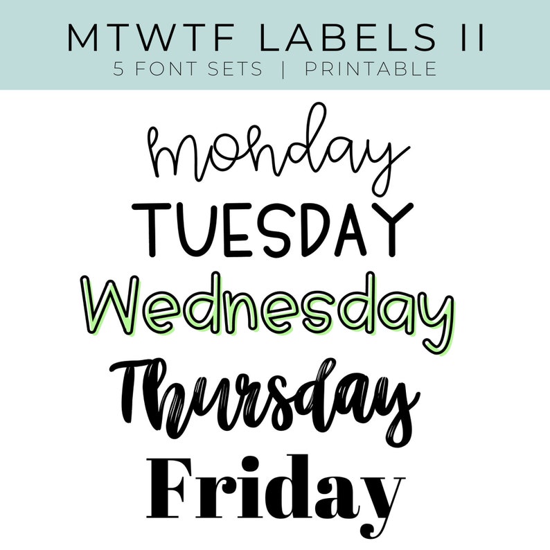 Days of the Week Printable Labels Five Fonts Classroom - Etsy