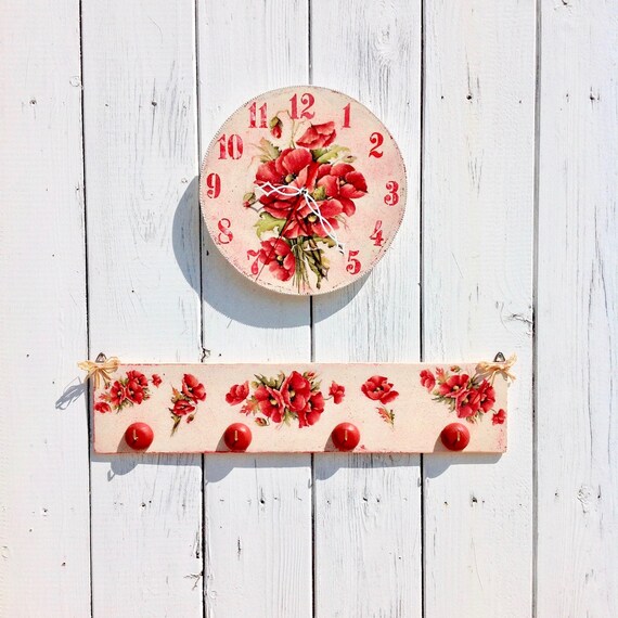 Vintage Floral Wall Clock With Towel Hooks Vintage Red Kitchen - Etsy