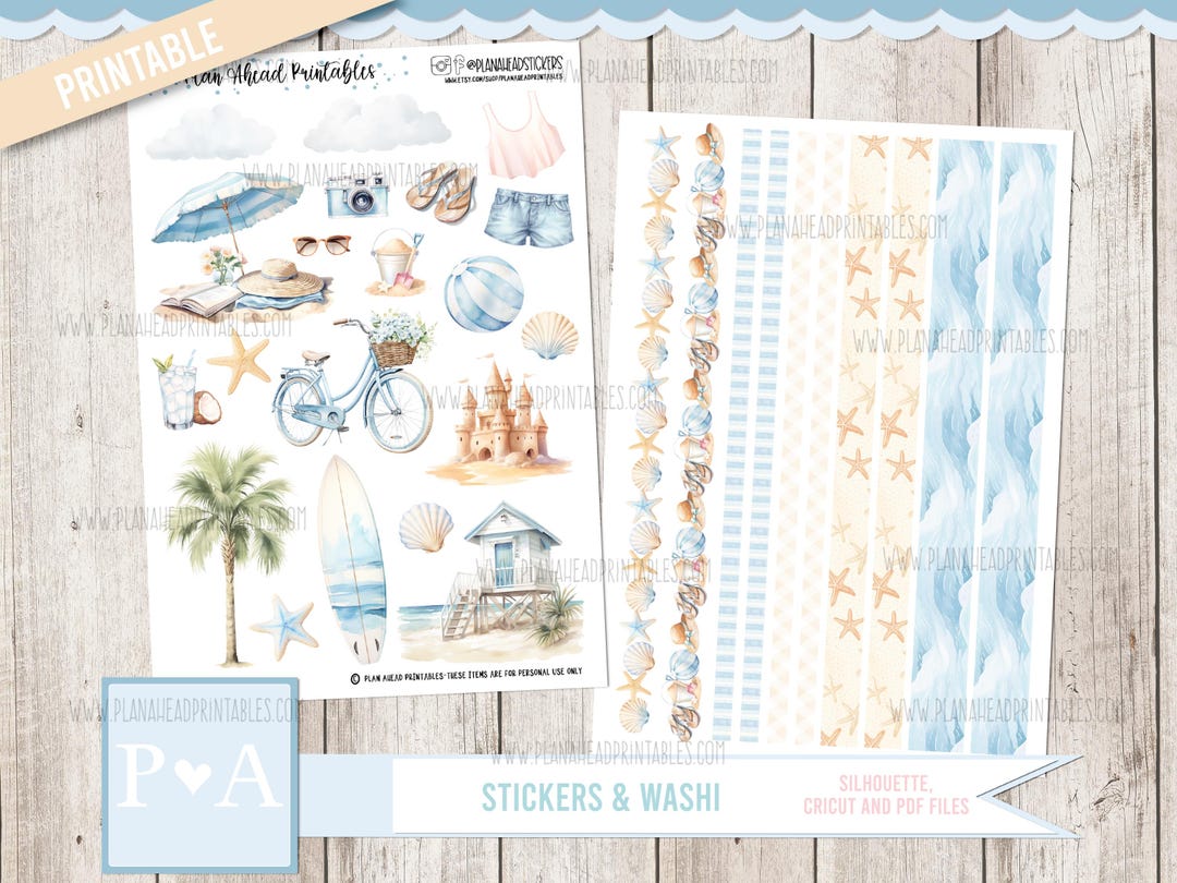 Coastal Calm PRINTABLE Stickers N Washi Planner Kit, Bullet Journaling ...