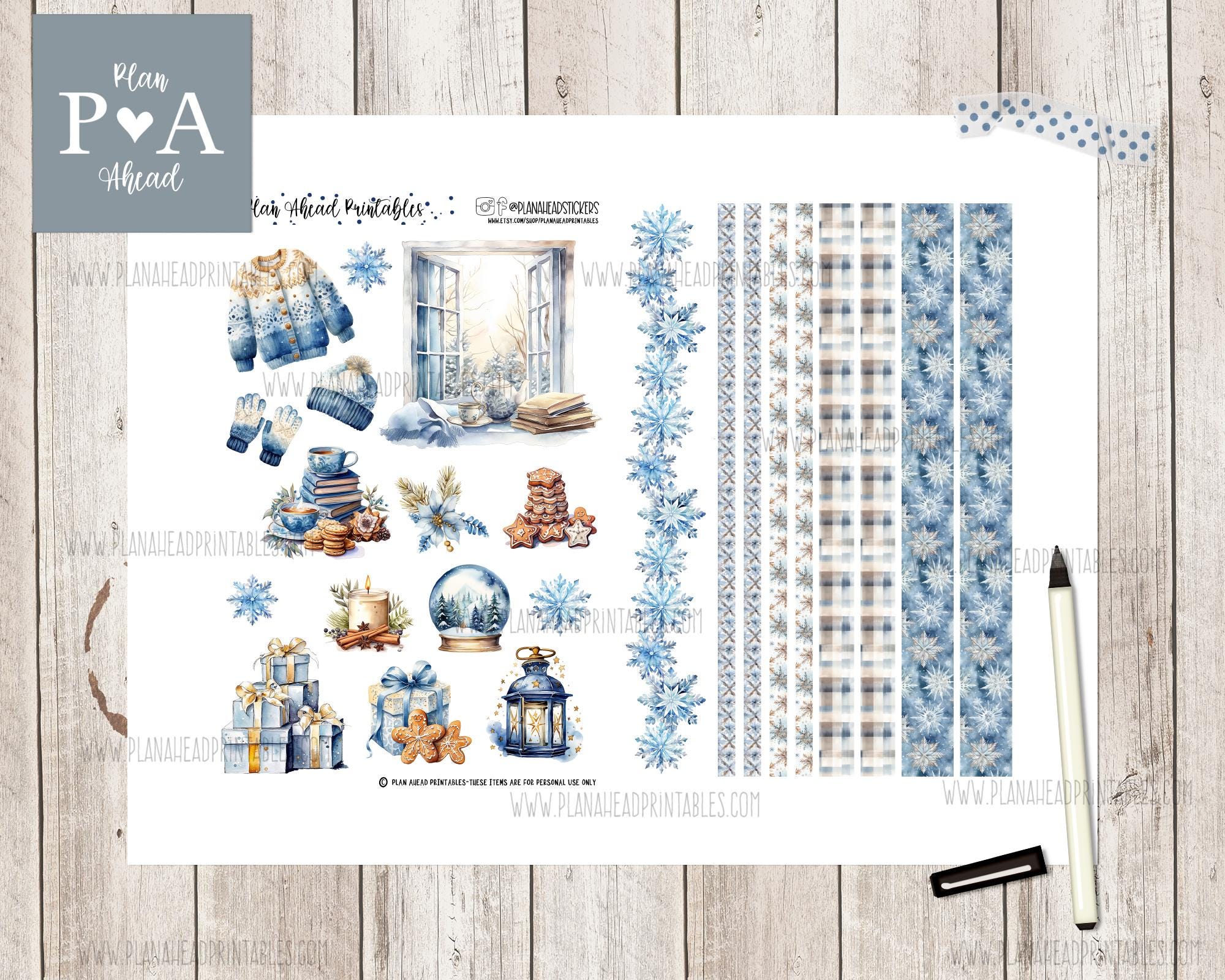 Winterly PRINTABLE Stickers and Washi Planner Kit, Bullet Journaling ...