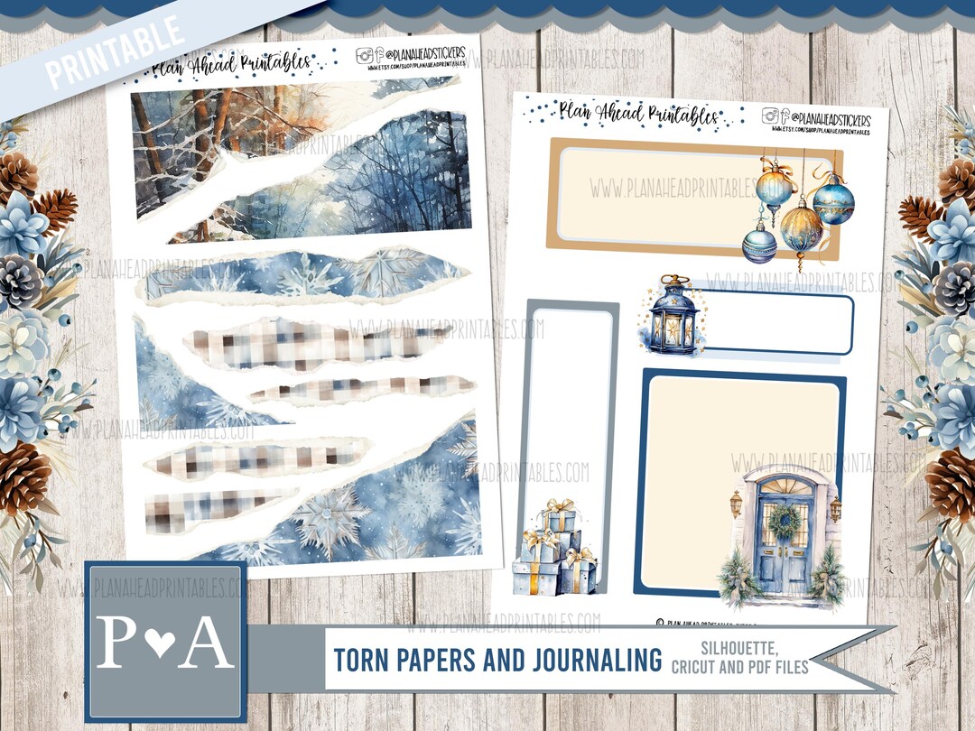 Winterly PRINTABLE Torn Papers and Journaling Stickers, Bullet ...