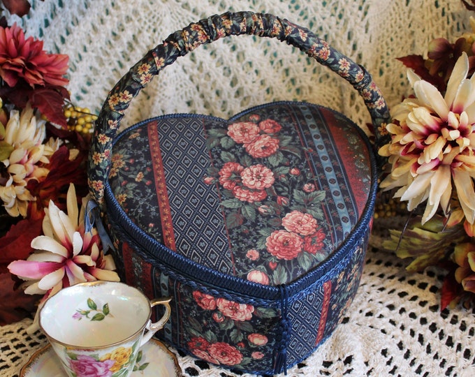 Heart Shaped Sewing Basket, 80s Blue, Pink Floral Sewing Chest, VINTG ...