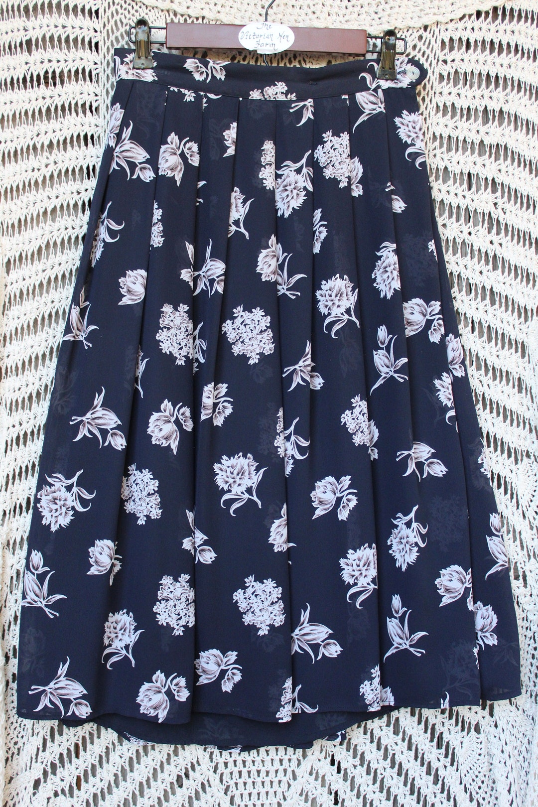 Ladies Navy Blue / Floral Pleated Skirt / 80's Dressy Full Pleated ...