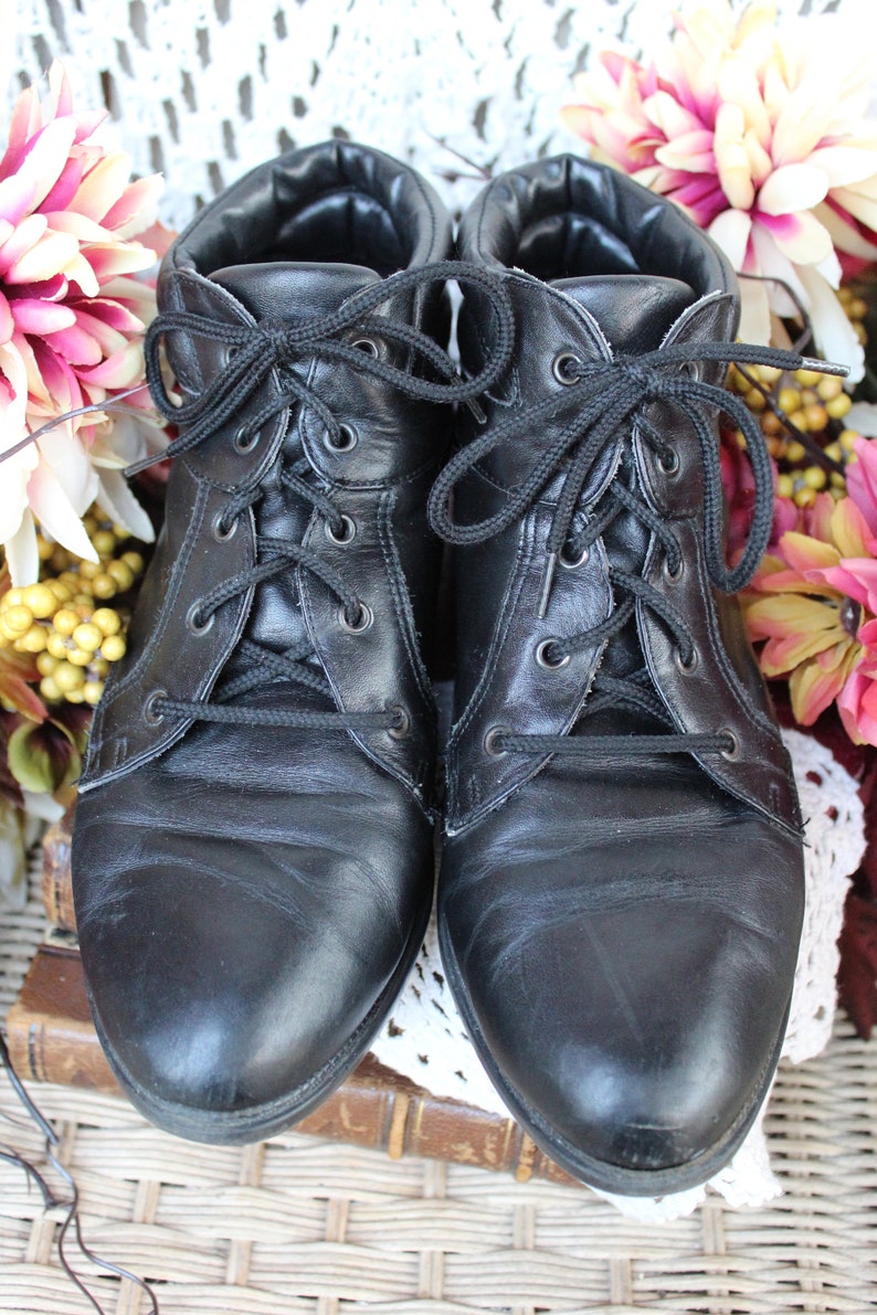 Ladies Vintage Black Leather Ankle Boots / Comfy Lace up Low Cut Ankle ...