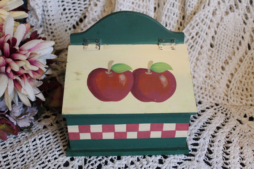VNTG Apple Recipe Box / 90'S Hinged Lid Painted Wood Recipe Card Holder ...