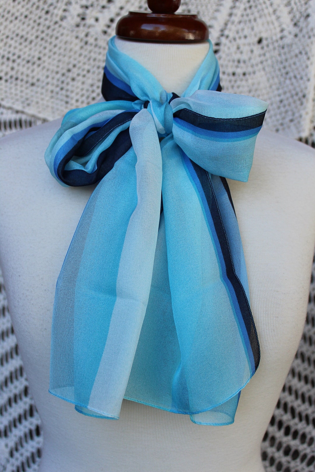 Ladies Shades of Blue Oblong Scarf / Vintage Striped Long Head, Neck ...