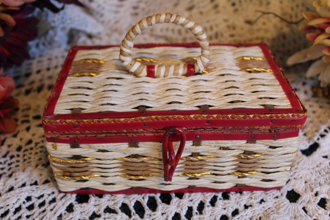 Small Sewing Chest / Woven Wicker, Red Trim Mending Basket / Sewing ...