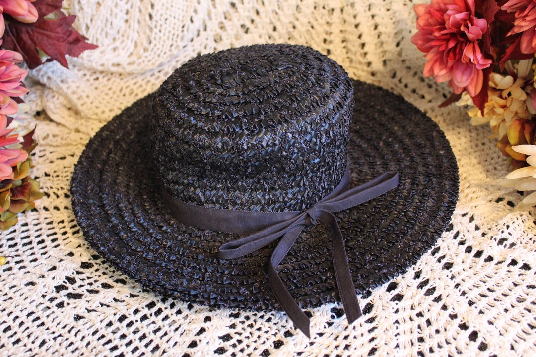 Ladies VINTG Navy Blue Tea Party Hat, Midcentury Cello Straw Wide Brim ...