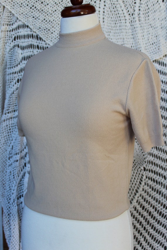 Ladies Light Beige Mock Turtleneck Shirt, VINTG Nylon… - Gem