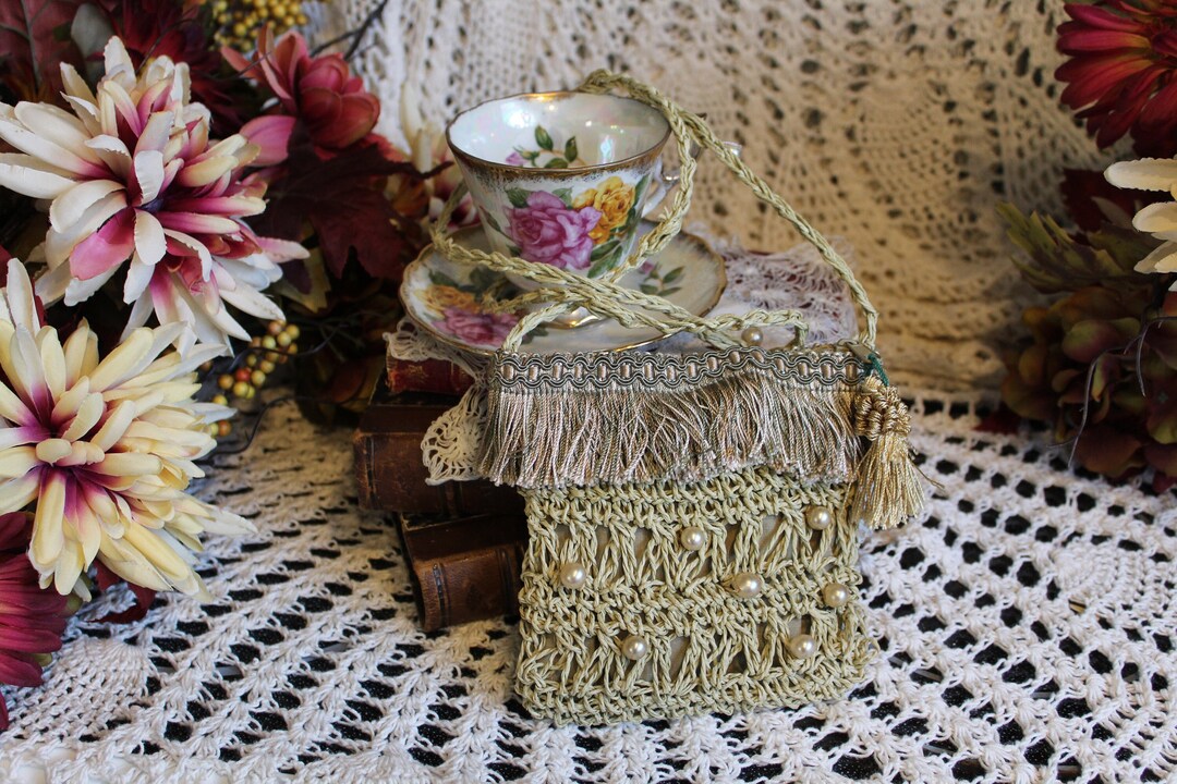 Sage Green Small Crossbody Purse, OOAK Refashioned Fringed Pearly Small ...