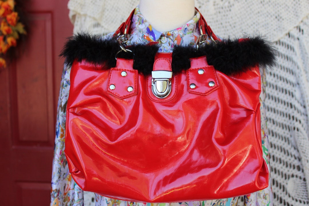 Lipstick Red Top Handle Purse, VINTG Refashioned Red, Black, Feather ...