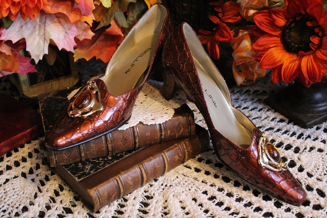 Ladies Richly Ornate Faux Croc Reddish Brown Dressy Pumps / Classy Low ...