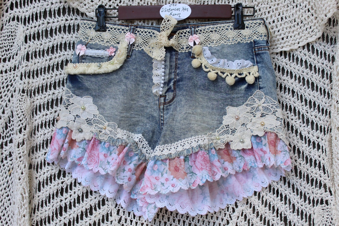Ladies Fabulously Frilly Romantic Girly Shorts Refashioned Embellished ...