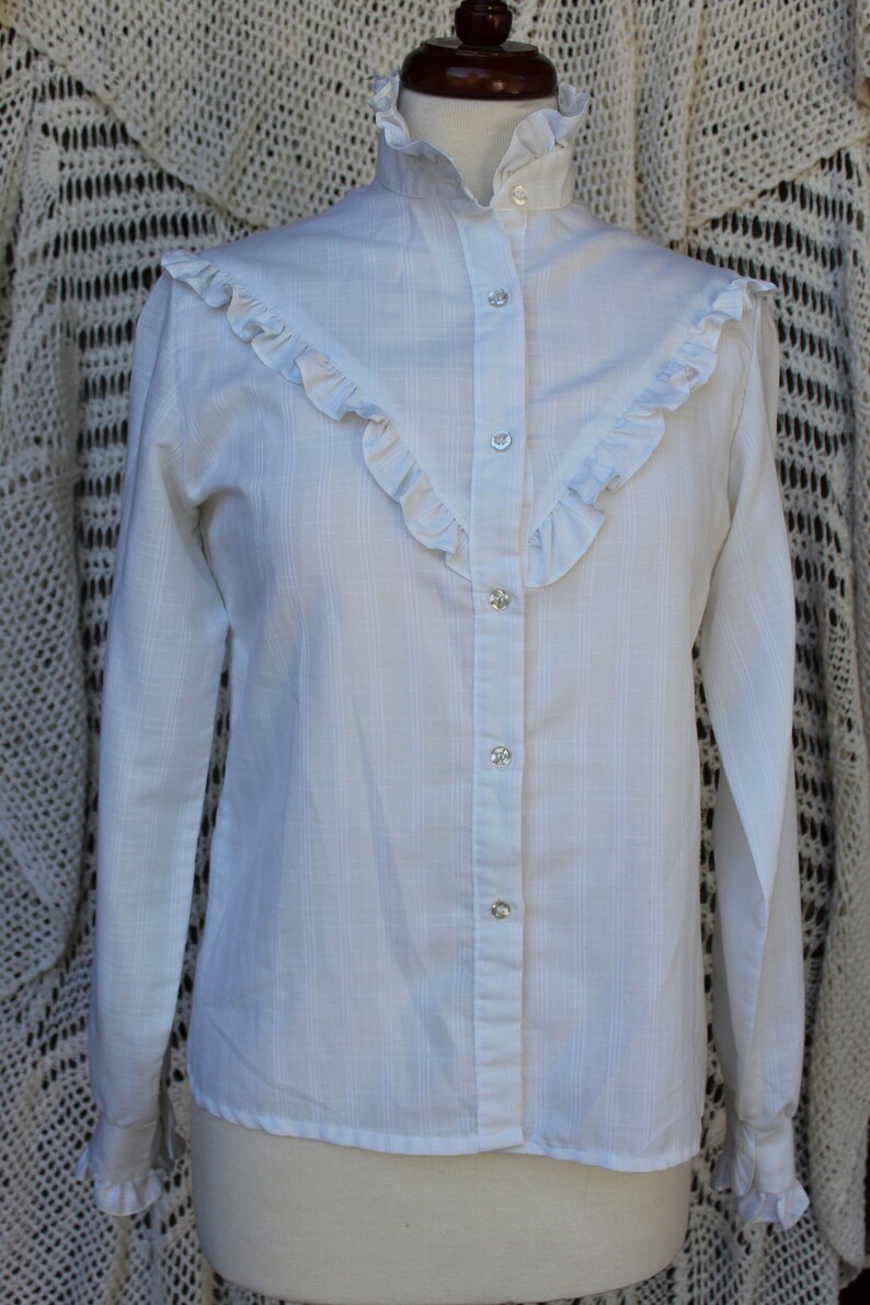 Ladies 80's Victorian White Ruffled Blouse, VINTG High Ruffled Collar ...