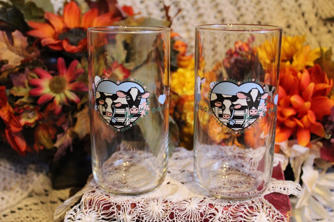 80's Holstein Cow Tall Glassware, Tall Dairy Cow Drinkware Cups, Cow ...