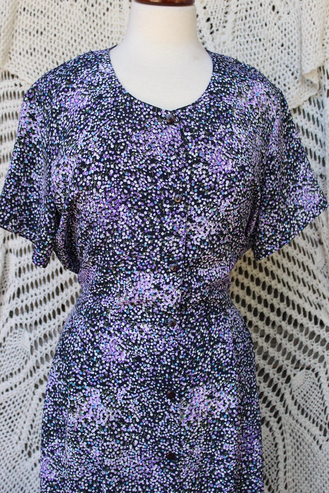 90s Modest Floral Dress, VINTG Black, Purple Polyester Long Maxi Derby ...