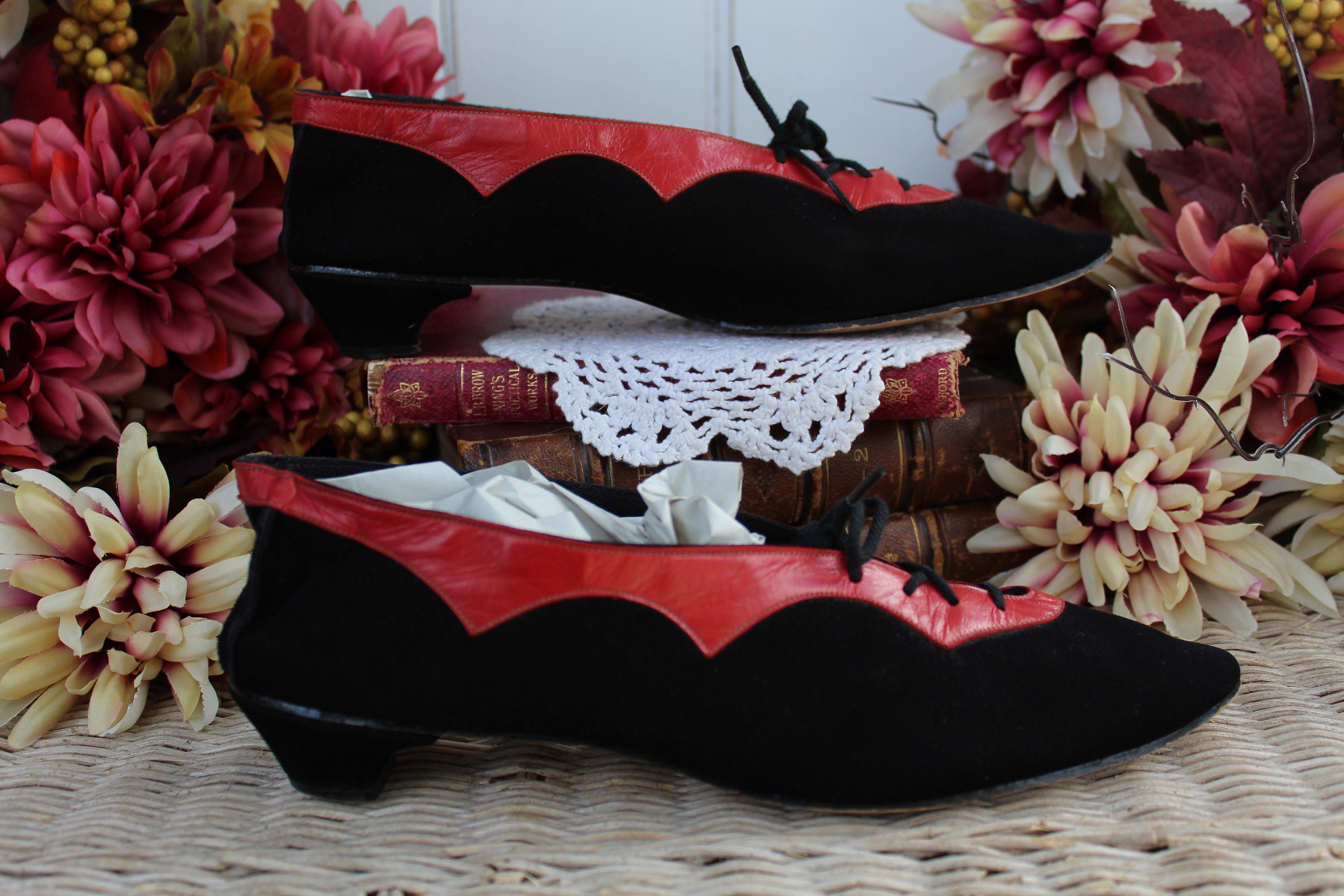 Ladies Black Velvet, Mid Century Pumps, Pointed Toe, Lace Up, Low Heel ...