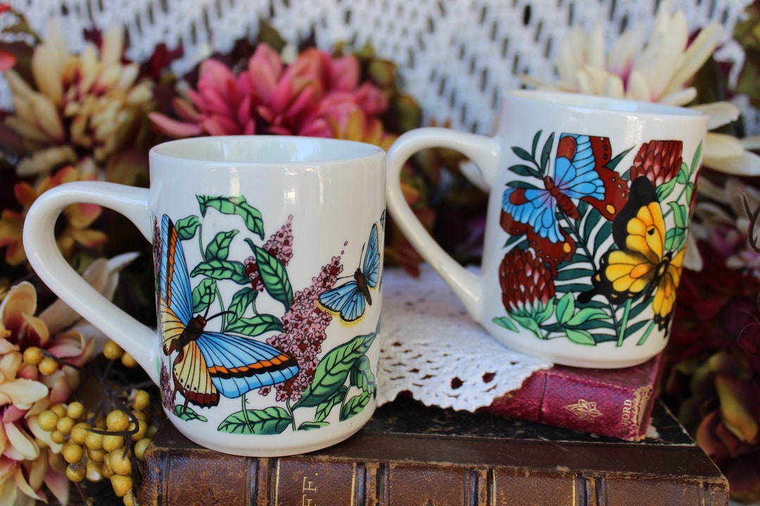 80s Butterflies, Flowers Coffee Mug Set, Set of 2 Butterfly Mugs, VINTG ...