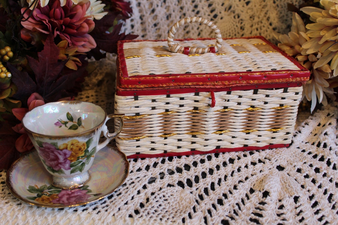 Woven Wicker Sewing Chest / Medium Size Red Trim Mending Basket ...