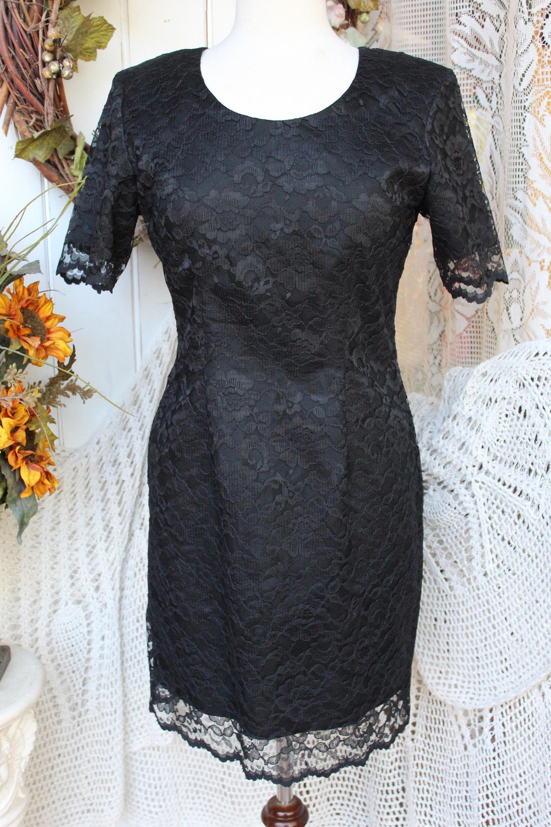 VNTG Black Lacey Cocktail Dress/80's,90's Made in USA My Michelle Lined ...