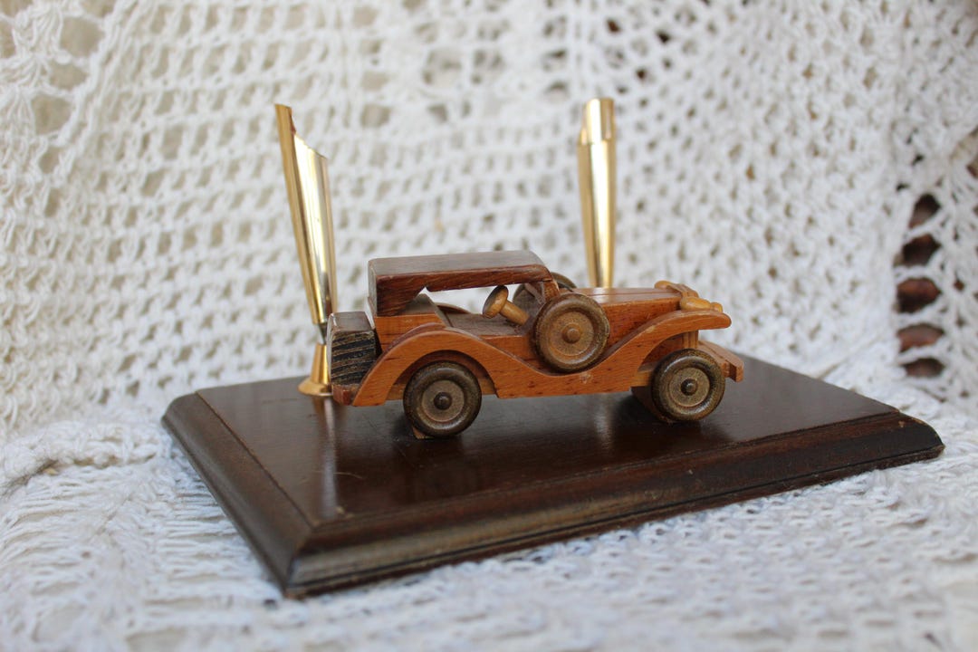 VNTG Antique Car Pen Holder, Wooden Car Dual Pen Holder Desk Accessory ...
