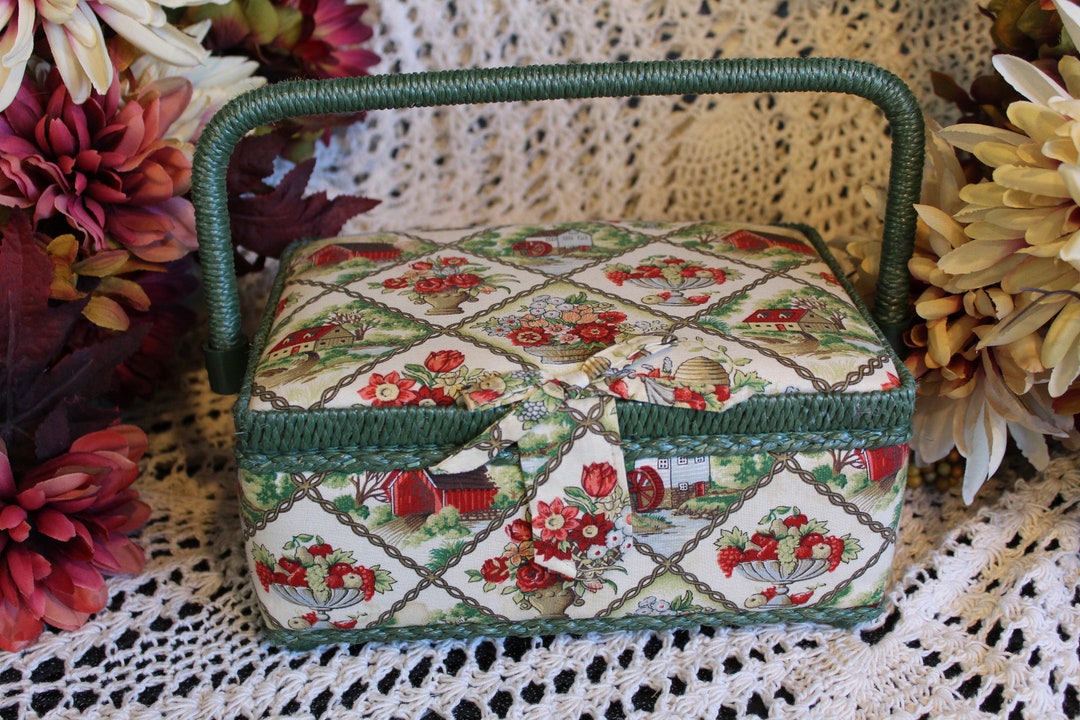 Cottage Fabric Sewing Chest / Vintage Medium Size Green Trim Sewing ...