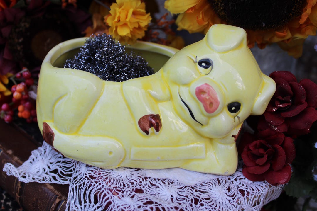50'S Yellow Pig Scrubby Holder/vntg Retro Ceramic Pig Kitchen Sink ...