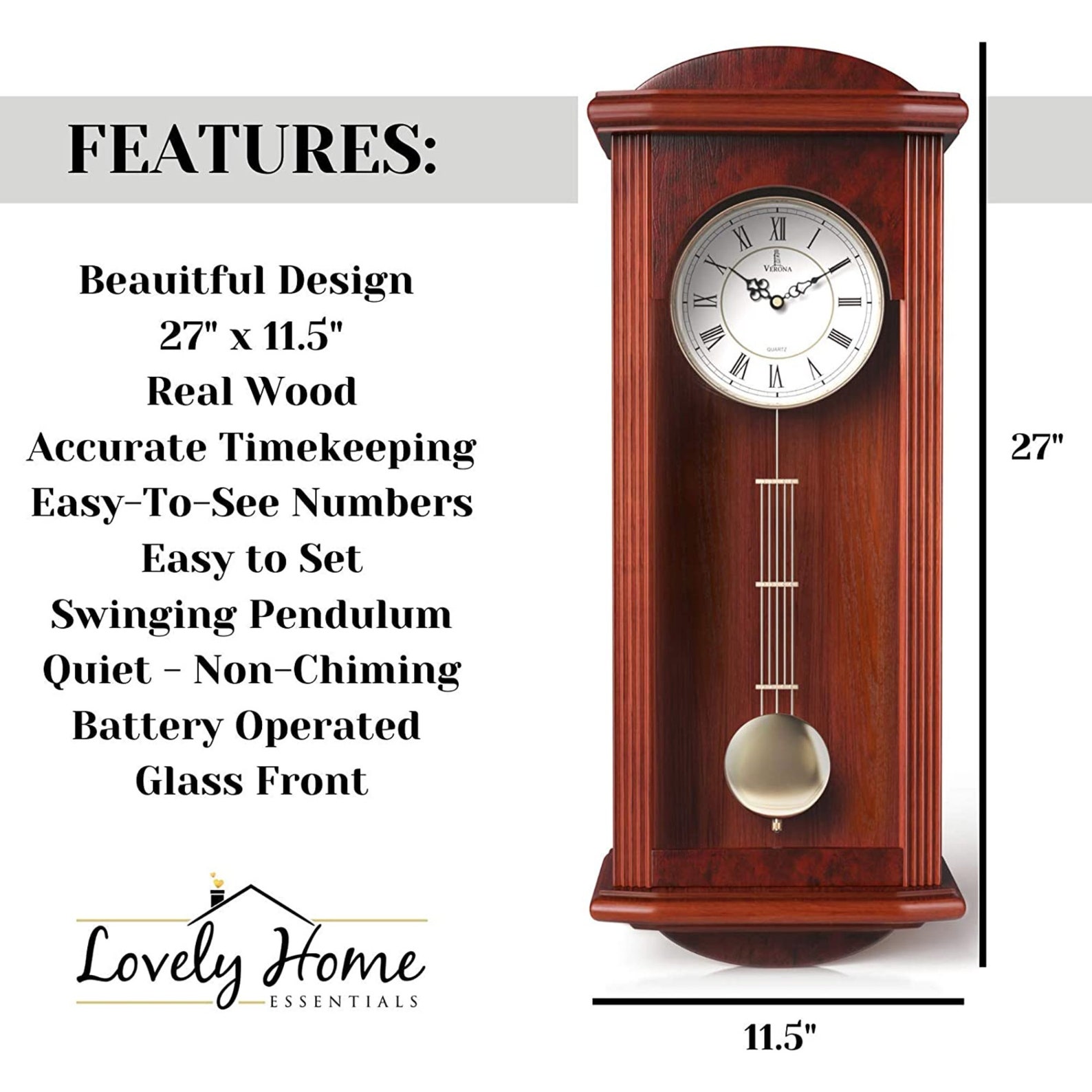 Pendulum Wall Clock, Silent Decorative Wood Clock With Swinging ...