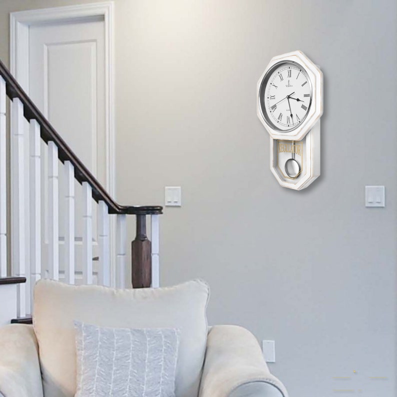 White Pendulum Wall Clock - Rustic Wooden Farmhouse Wall Clock ...