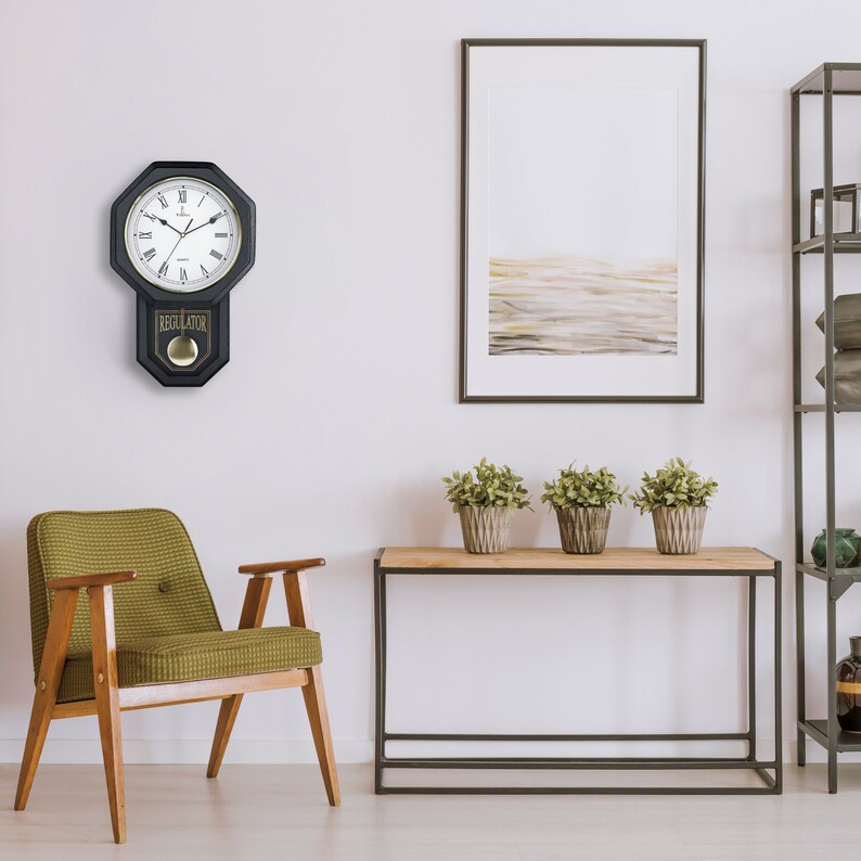 Black Pendulum Wall Clock Battery Operated - Regulator Clock - Wooden Schoolhouse Wall Clock ...