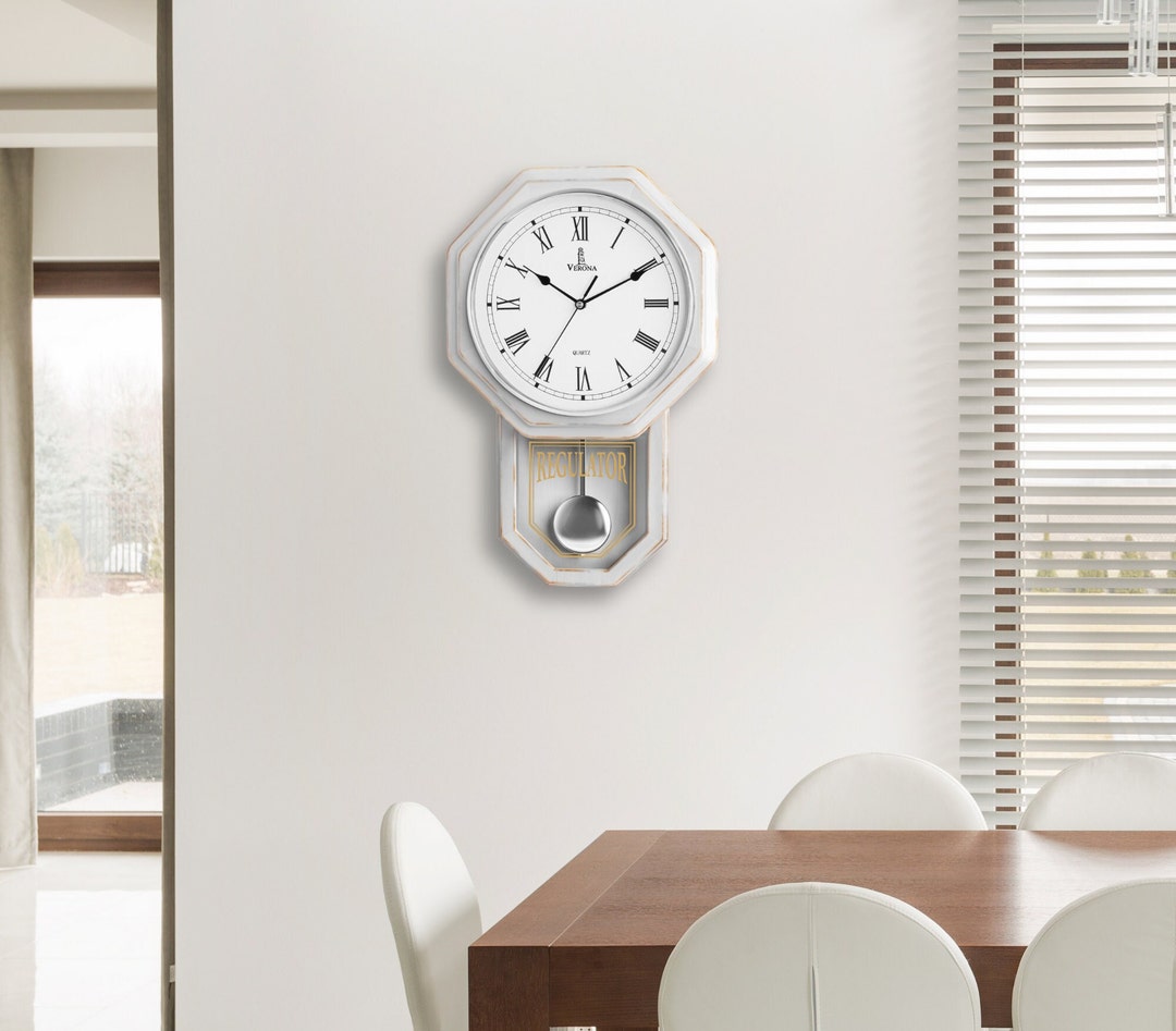 White Pendulum Wall Clock - Rustic Wooden Farmhouse Wall Clock ...