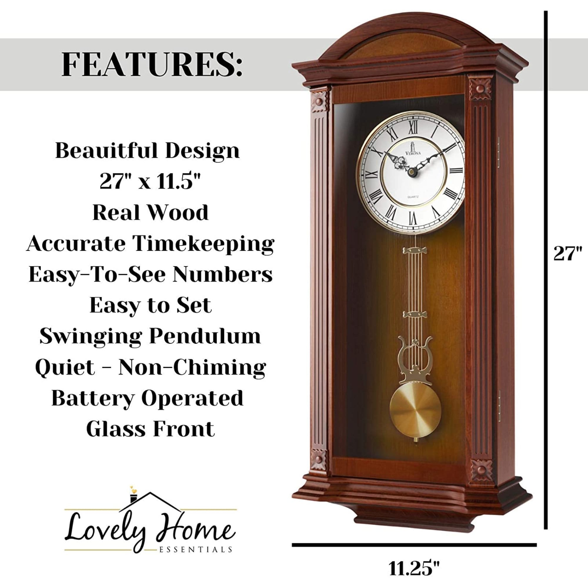 Pendulum Wall Clock, Silent Decorative Wood Clock With Swinging ...