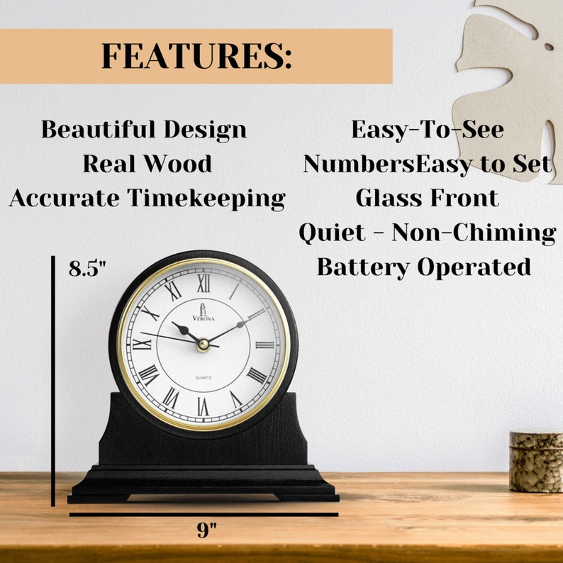 Mantel Clock, Silent Decorative Black Wood Mantle Clock Battery ...