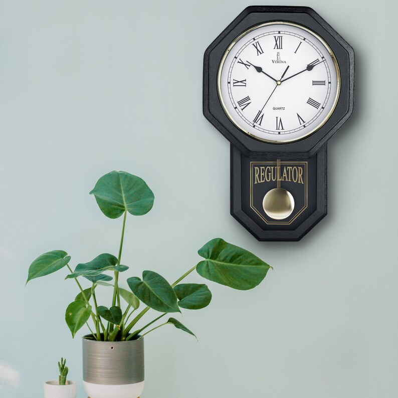 Black Pendulum Wall Clock Battery Operated - Regulator Clock - Wooden Schoolhouse Wall Clock ...