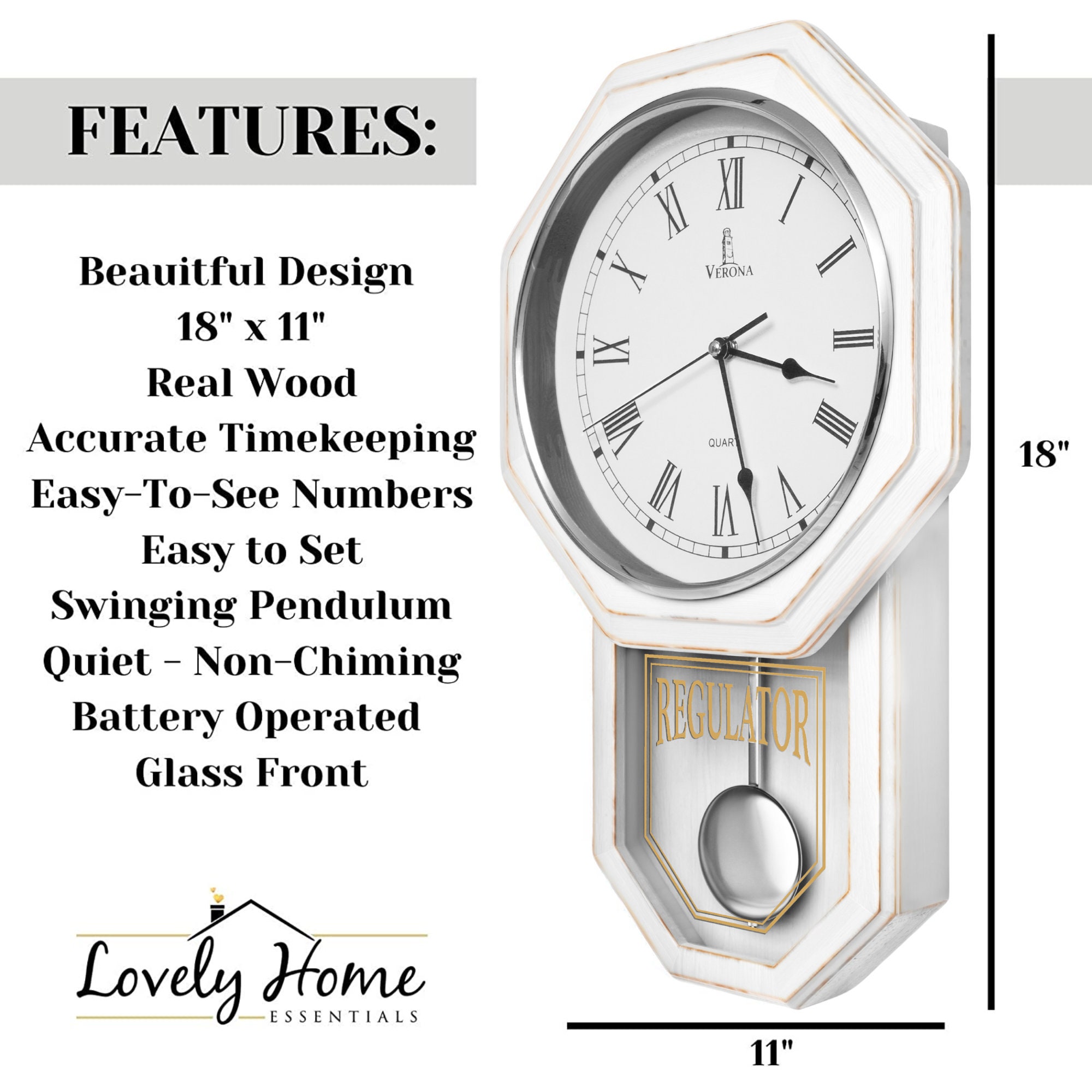 White Pendulum Wall Clock - Rustic Wooden Farmhouse Wall Clock ...