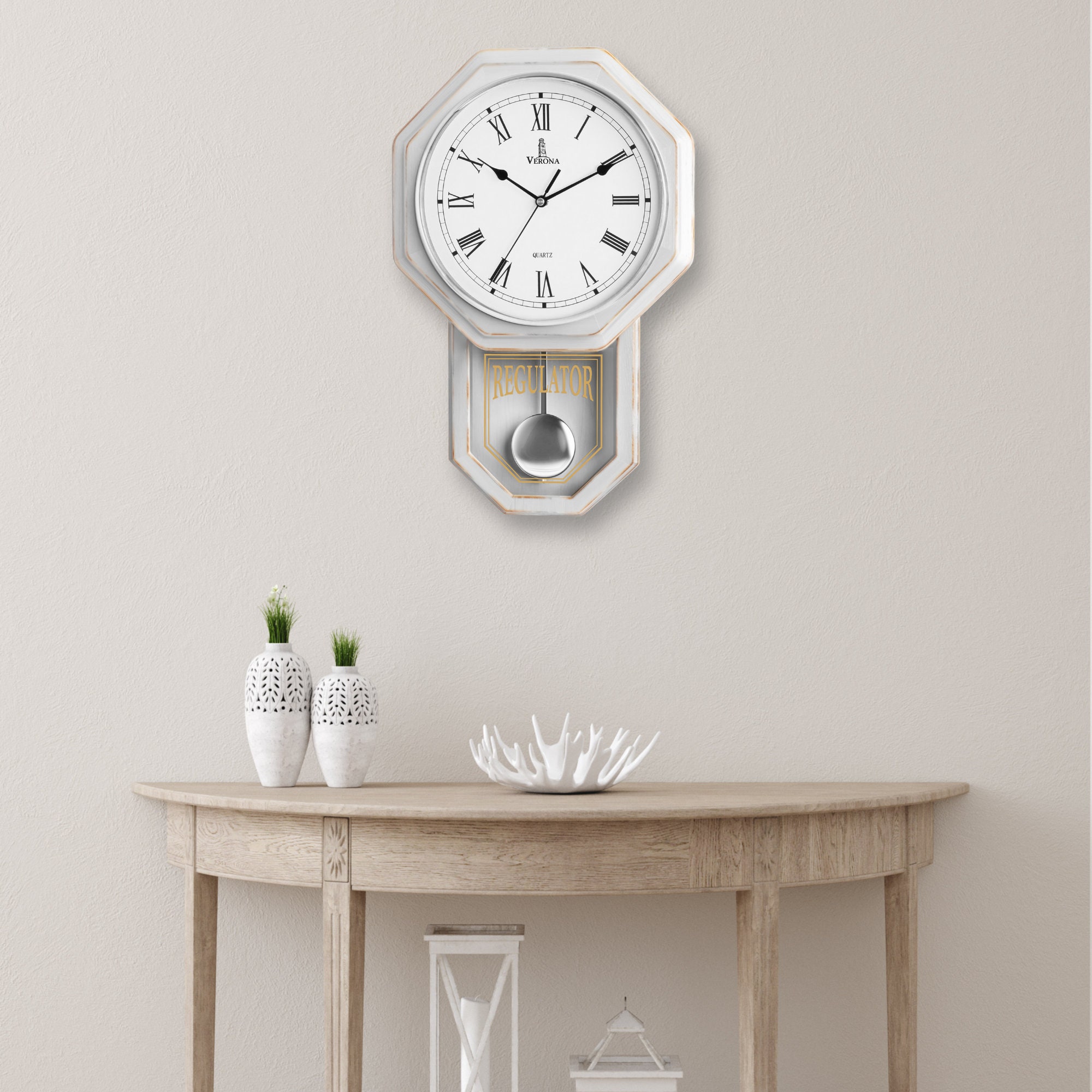White Pendulum Wall Clock Rustic Wooden Farmhouse Wall Clock Regulator ...