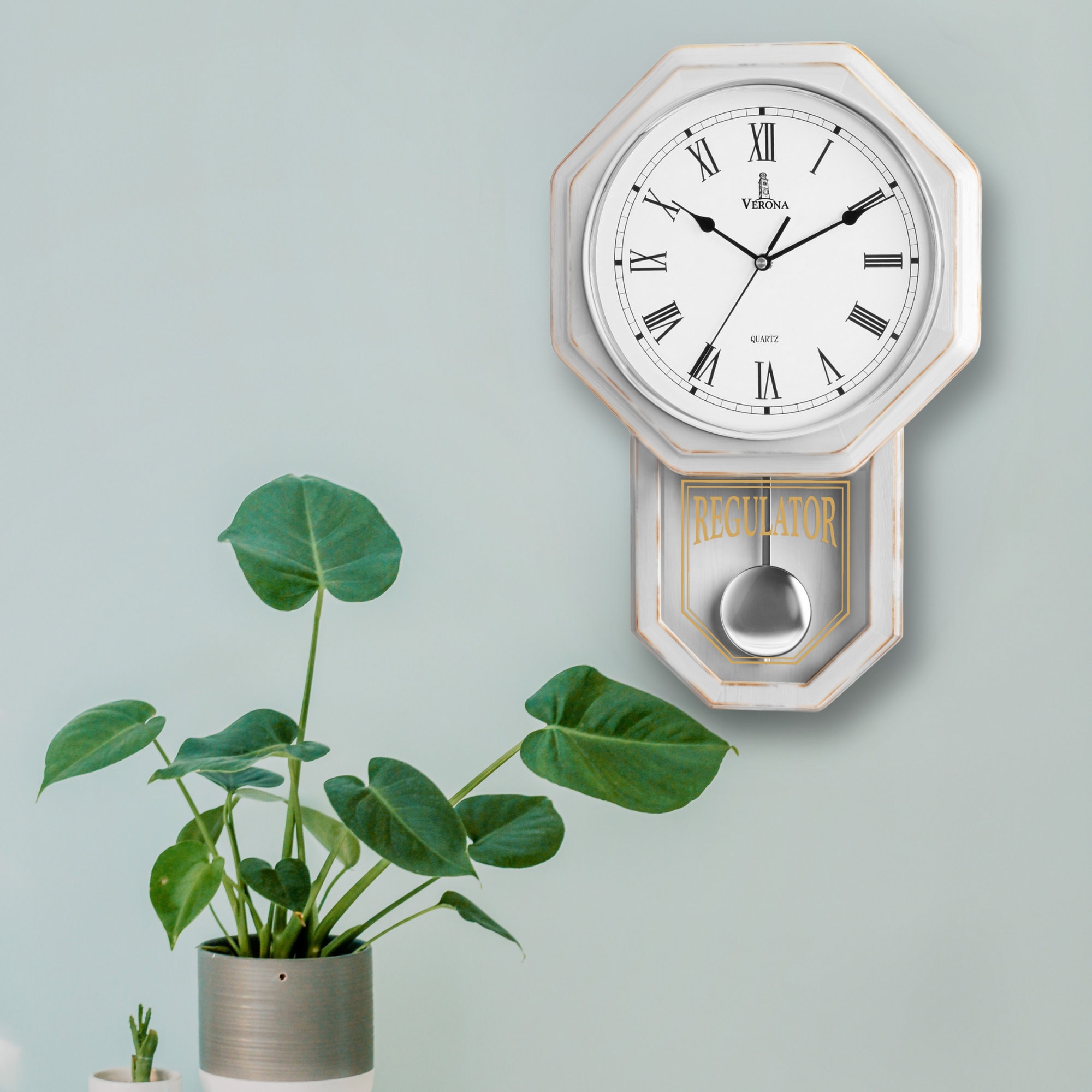 White Pendulum Wall Clock - Rustic Wooden Farmhouse Wall Clock ...