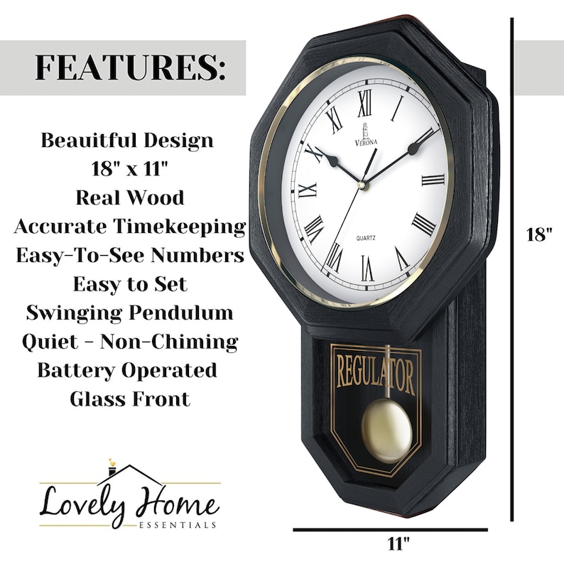 Black Pendulum Wall Clock Battery Operated - Regulator Clock - Wooden Schoolhouse Wall Clock ...