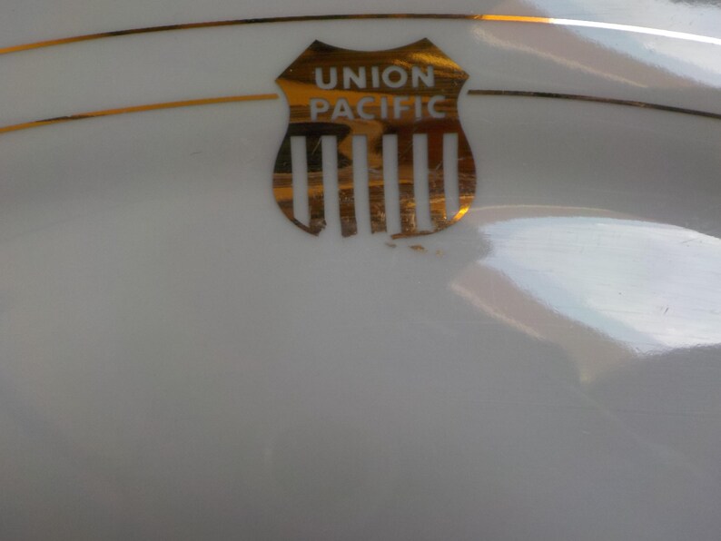 Vintage UPRR Union Pacific Railroad China Gold Shield Platter 9" X 13 1 ...