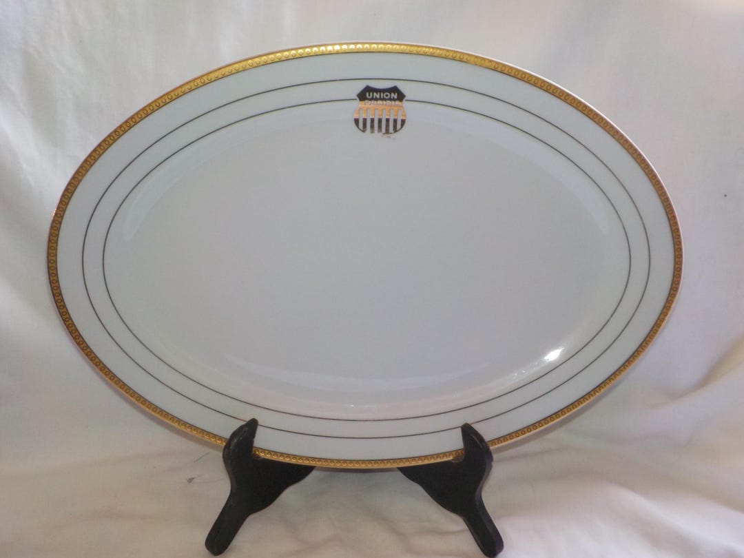 Vintage UPRR Union Pacific Railroad China Gold Shield Platter 9" X 13 1 ...