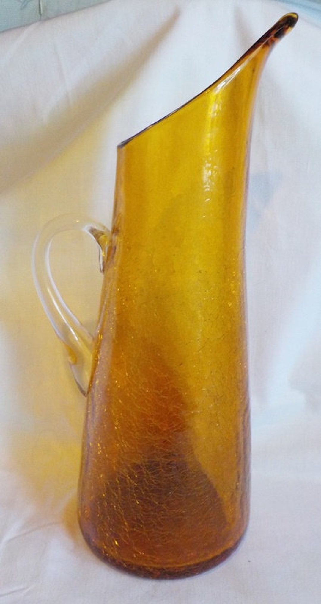 Large Vintage Blenko ? Amber Crackle Glass Water Lemonade Pitcher 13 1/ ...