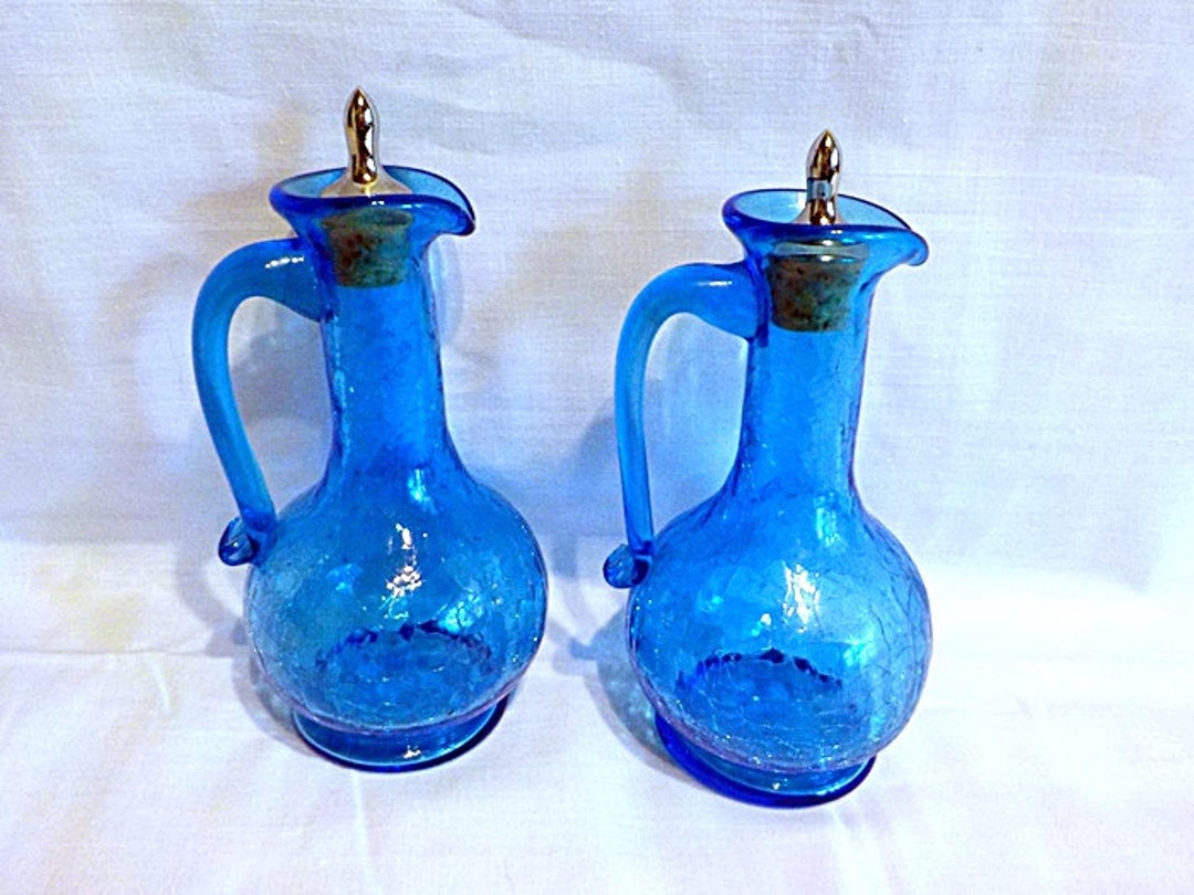 Vintage Pair Blue Kanawha Crackle Glass Cruet Set W/original Stoppers ...