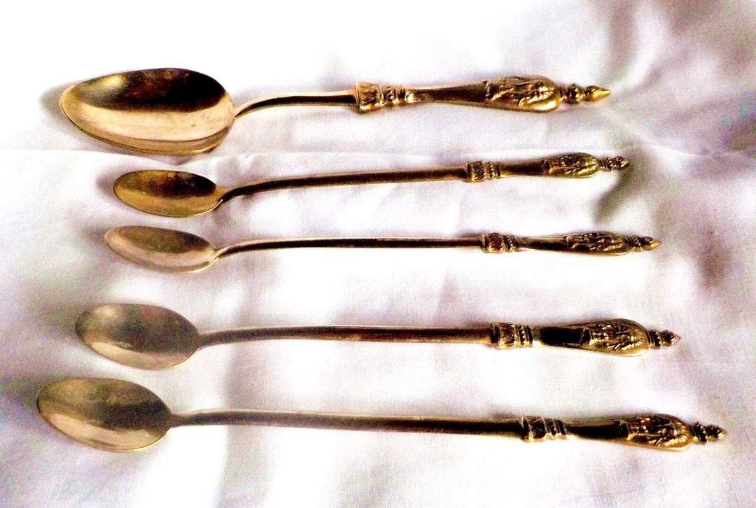 Siam Bronze Brass Large Serving Spoon & 4 Iced Tea Spoons 3 Headed ...
