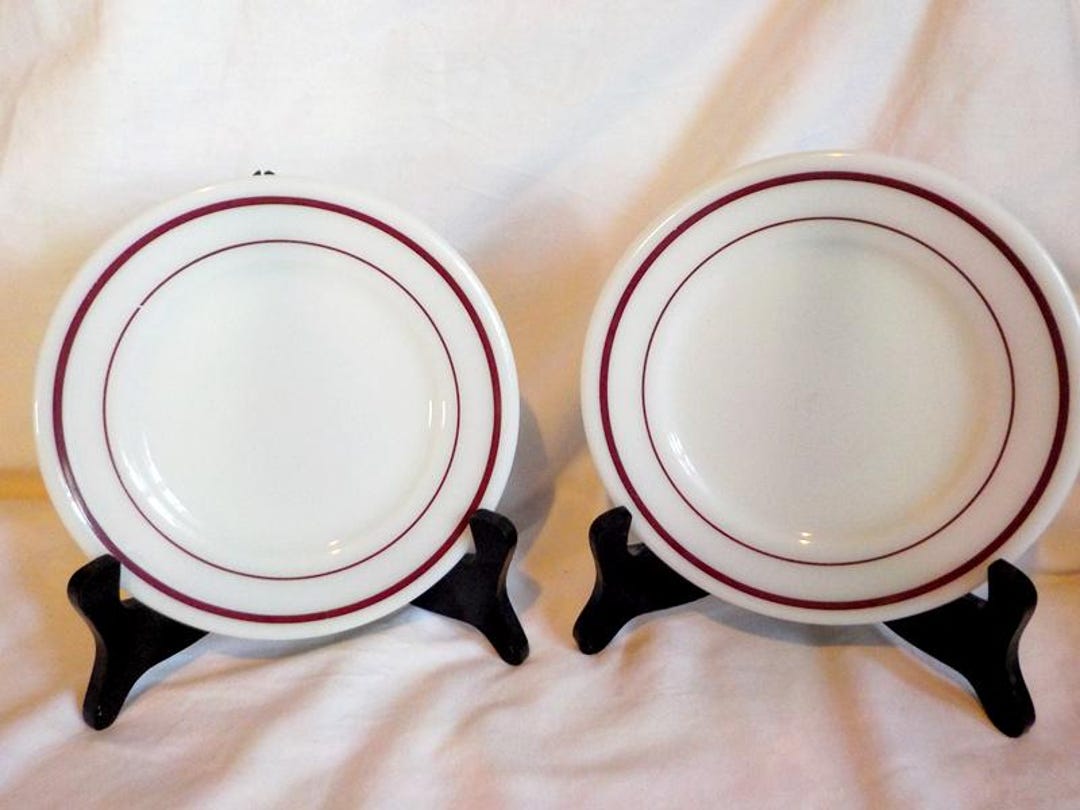 2 Vintage Pyrex Corning Burgundy Stripe Milk Glass Bread & Butter ...