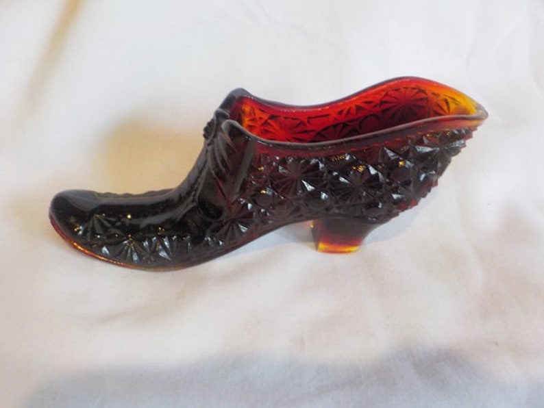 Vintage Fenton Glass Daisy and Button Ruby Red Amberina Edges Shoe / Slipper With Bow and Laces ...